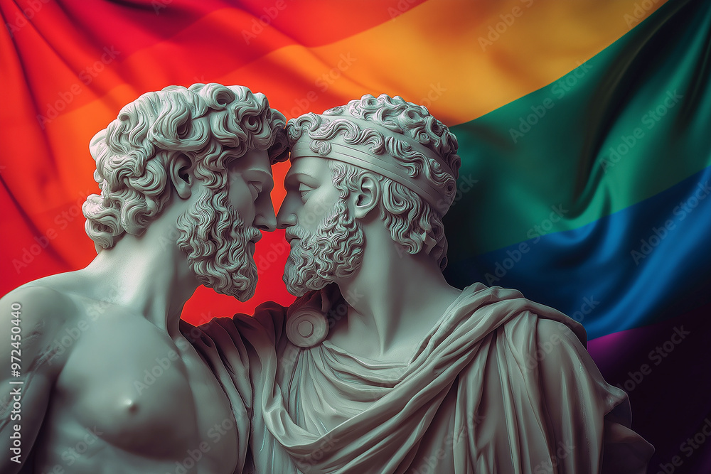 Gay couple ancient marble sculptures on lgbt flag background. Greek gay ...