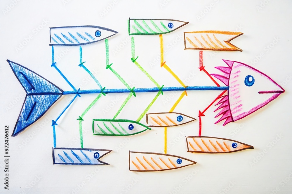 A vibrant, hand-drawn fishbone diagram, also known as an Ishikawa ...