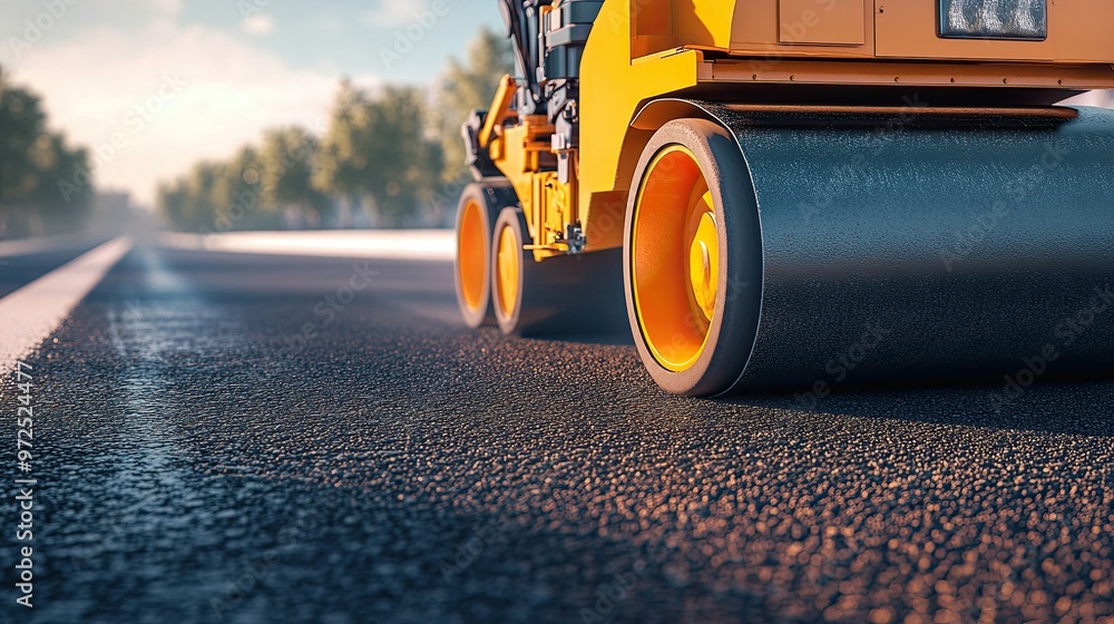 Road roller compacting fresh asphalt on a highway flat design side view ...