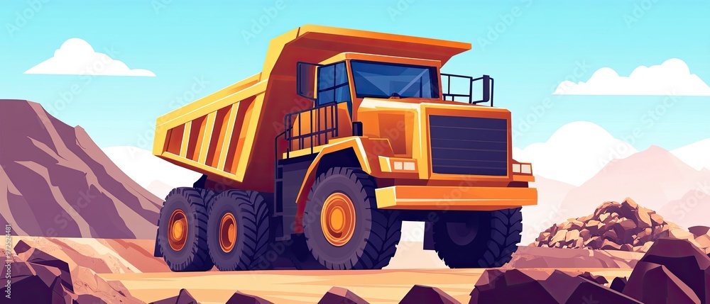 Large dump truck unloading gravel at a quarry flat design front view in ...