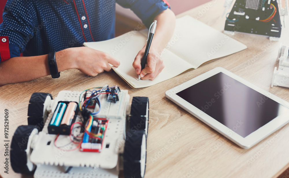 Stem education. Creating robotics project, mockup. Unrecognizable boy ...
