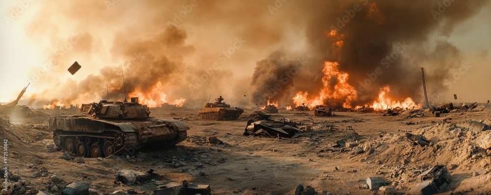 Devastation of War: A Deserted Battlefield with Burning Military ...