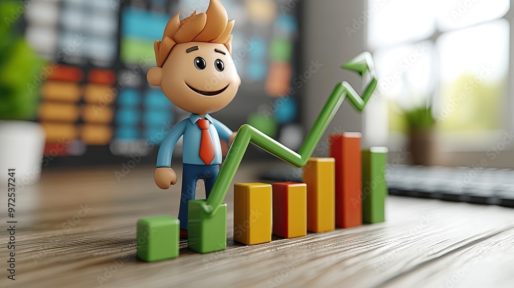 3d render man cartoon character with growing chart green arrow goes up ...