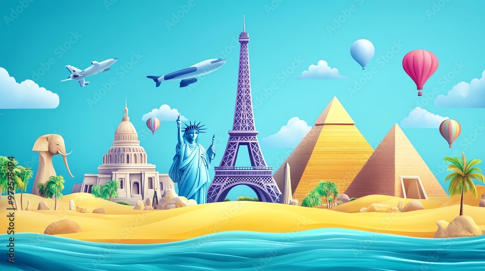 3D cartoon illustration of famous landmarks from around the world with ...
