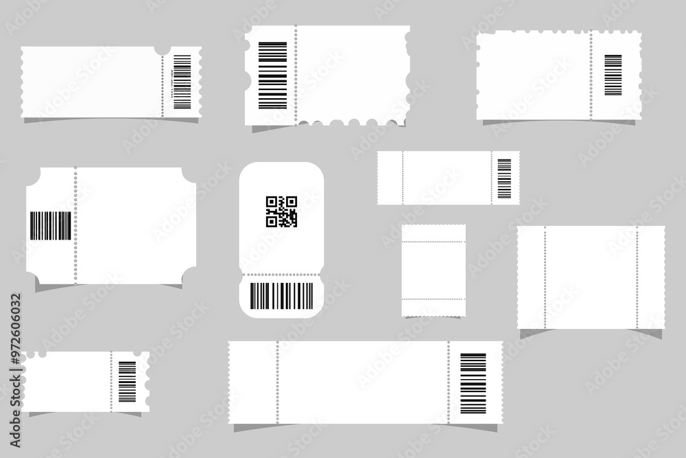 Realistic ticket with stub rip line with barcode and shadow on gray ...