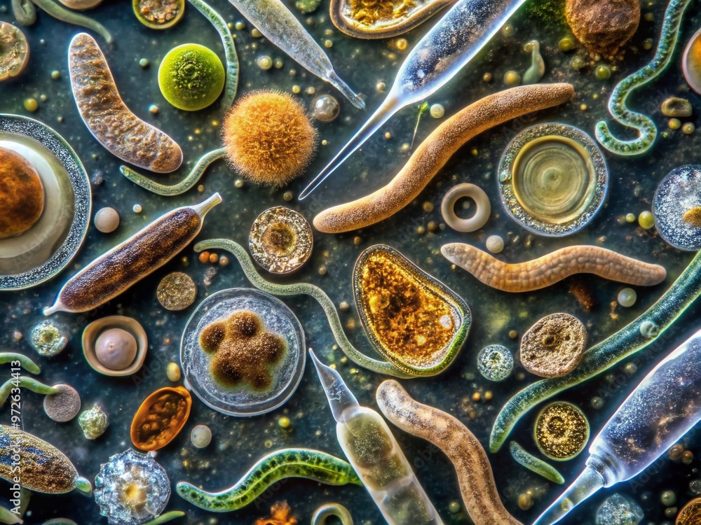 Microscopic view of human feces sample showing various parasites ...