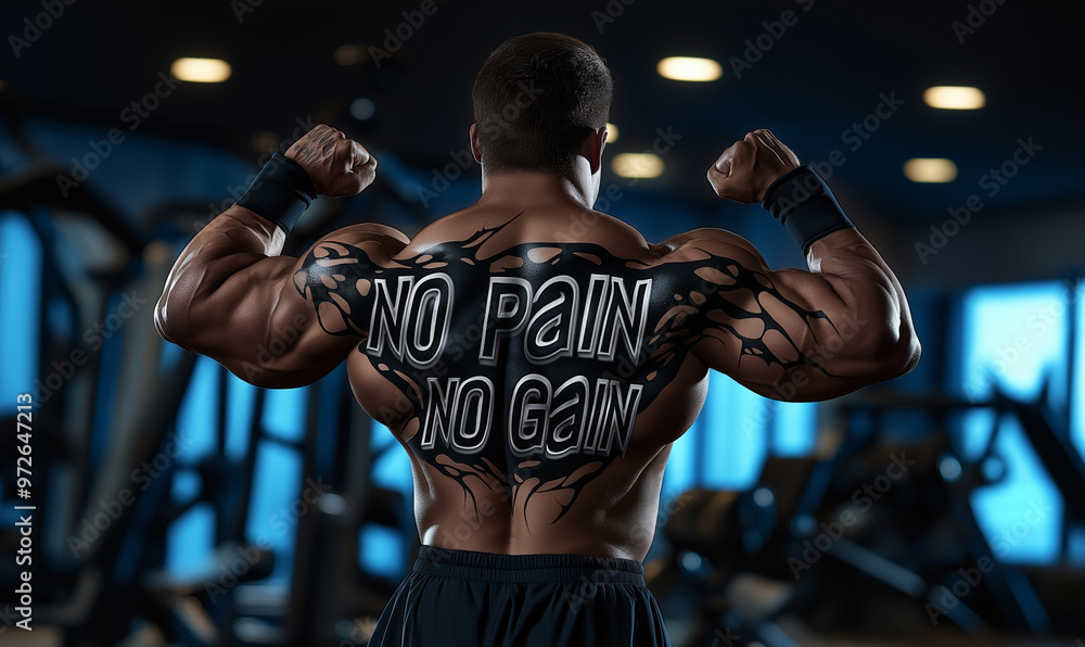 Muscular bodybuilder flexing his back with the phrase "No Pain No Gain ...
