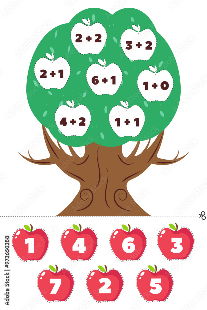 Math game for kids. Cut and stick. Count the number of apples on a tree ...