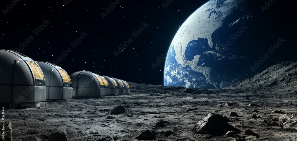 Sci-fi moon base with interconnected buildings, Earth looming large in ...