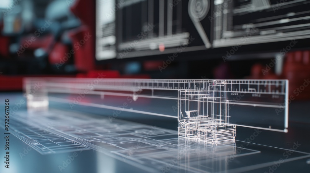 A clear acrylic ruler aligned with a digital screen showing a CAD ...