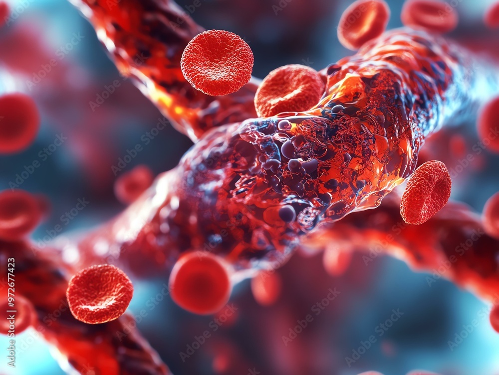 Close-up of red blood cells flowing through blood vessels, showcasing ...