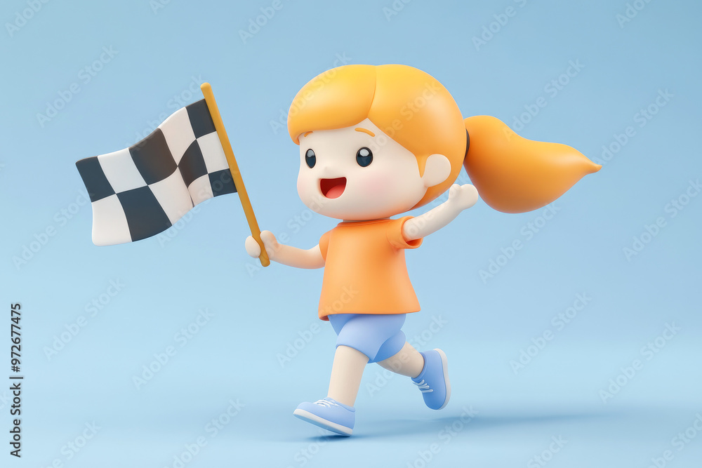 Animated girl with a ponytail runs holding a checkered flag ...