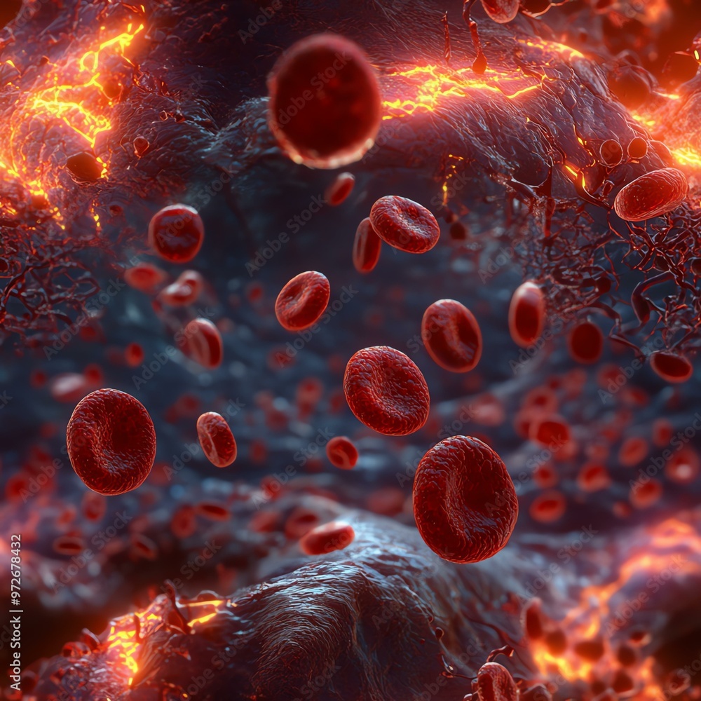 Microscopic view of red blood cells in the bloodstream with a glowing ...