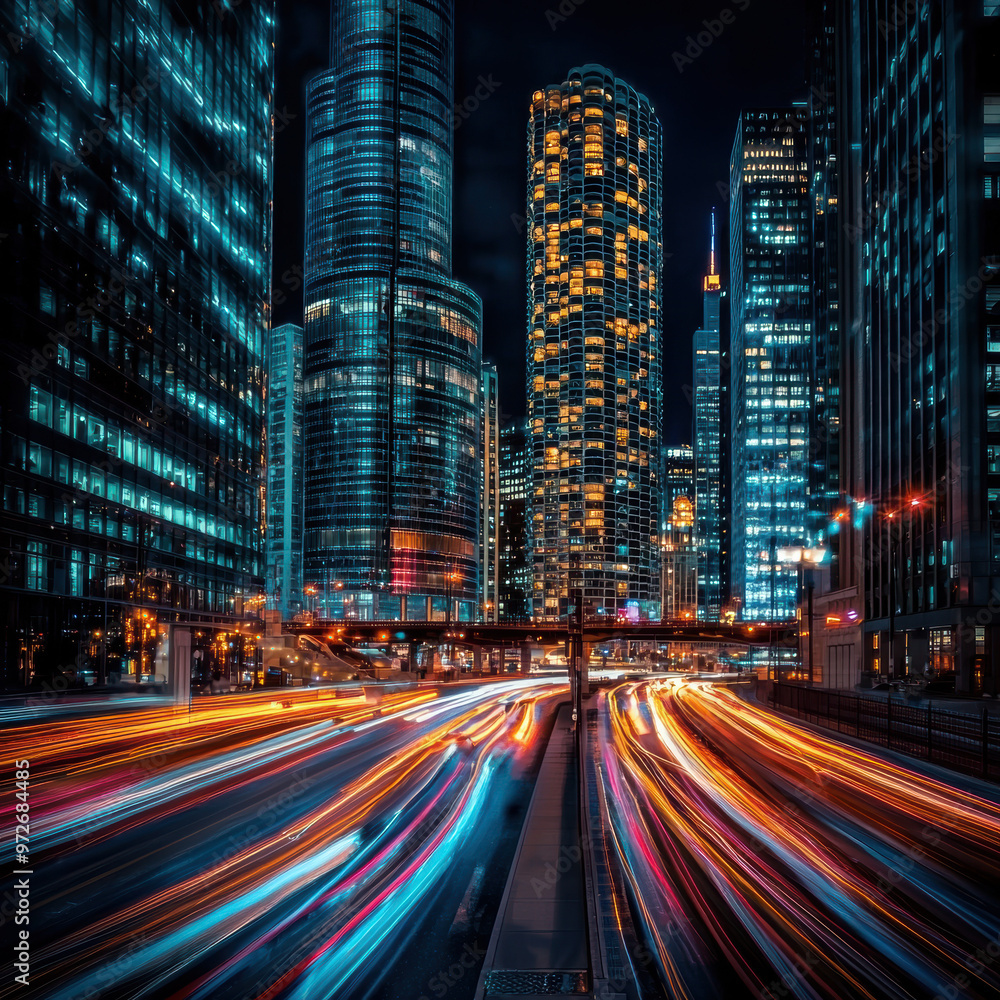City at night with glowing buildings, where light trails represent ...