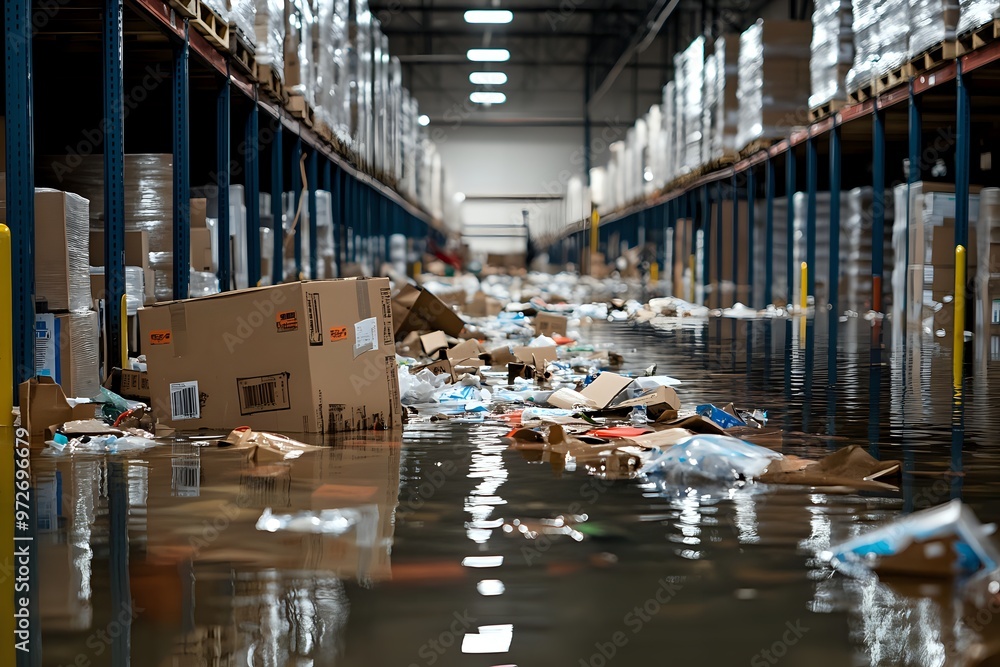 Flooded warehouse with boxes and debris after a natural disaster. の ...