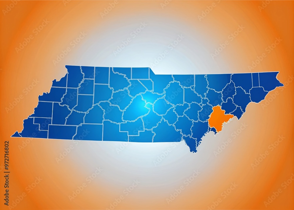 Vibrant blue and orange illustration of the State of Tennessee map ...