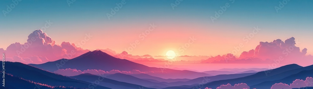 Triadic color palette of a flat mountain sunrise, animated clouds ...
