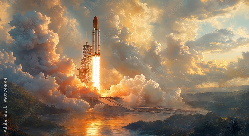 Epic Rocket Launch with Lush Greenery and Reflected Sunlight - AI ...
