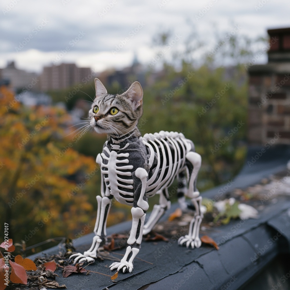 Cat in a skeleton costume standing on a Halloween-themed rooftop ...