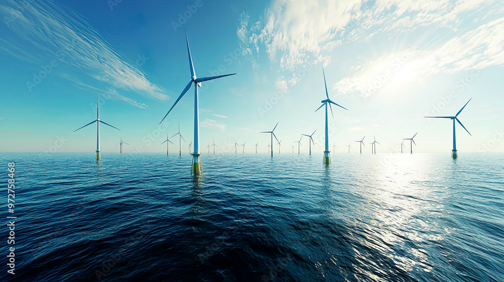 Offshore wind power farm with many wind turbines on the ocean, clear ...