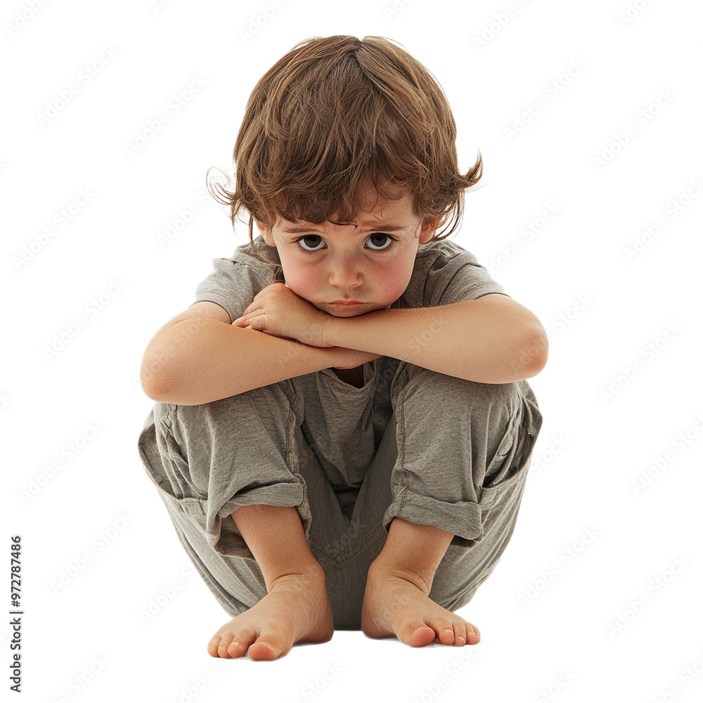 A child sitting cross-legged with a sad face, arms wrapped around their ...