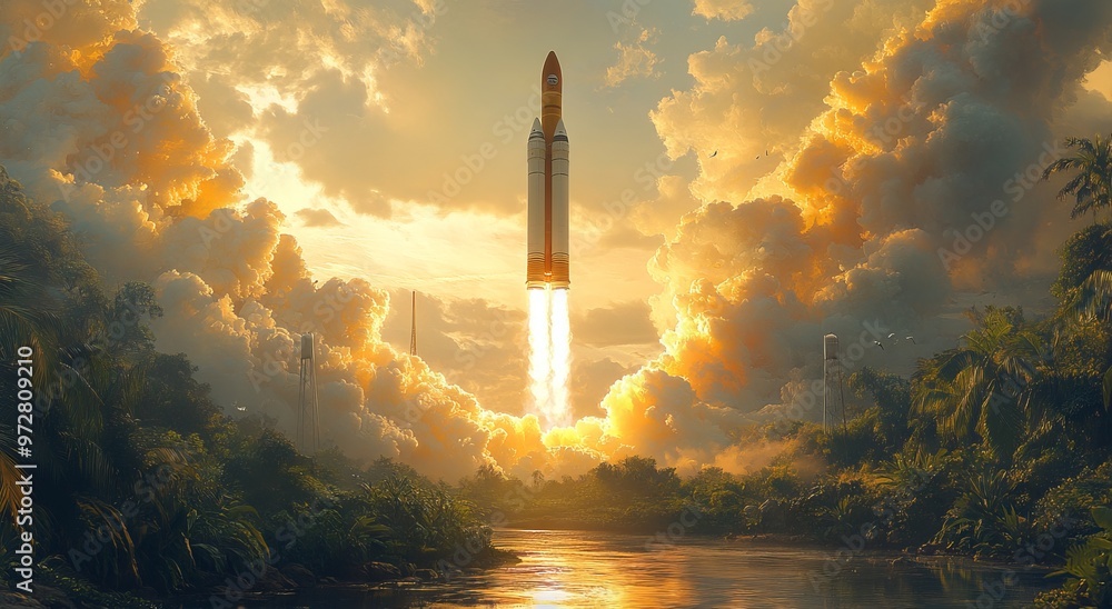 Epic Rocket Launch with Lush Greenery and Reflected Sunlight - AI ...