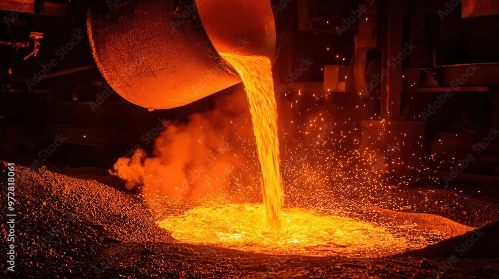 dramatic industrial scene molten steel pour from ladle intense orange ...