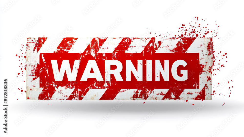 Warning sign with red text on white background with splattered paint ...