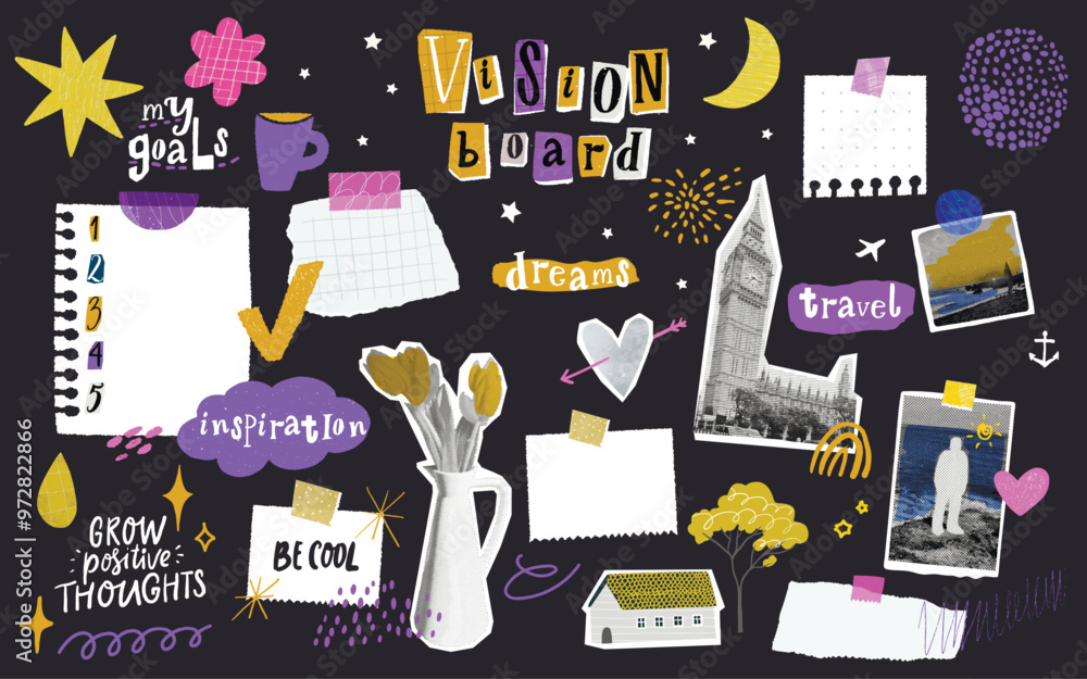 Vision board collage template, taped notebook papers and notes ...