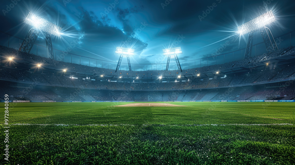 Modern sport stadium at night and cricket field with lights cloudy sky ...