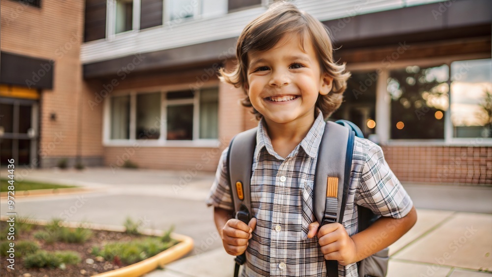 A joyful child holding a backpack and smiling, ready for their first ...