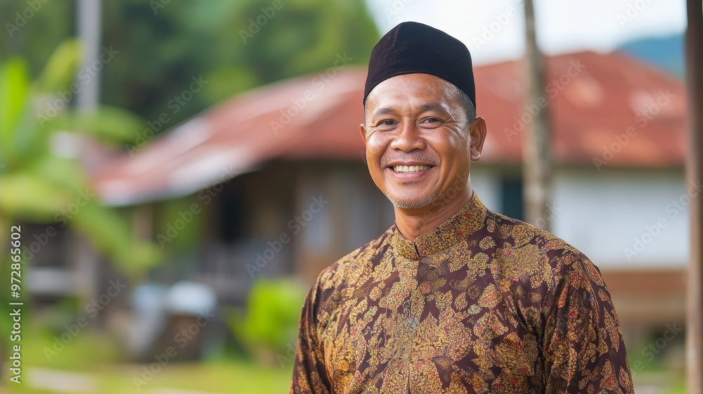 Smiling Middle-aged Malaysian Man in Baju Melayu Embracing Traditional ...