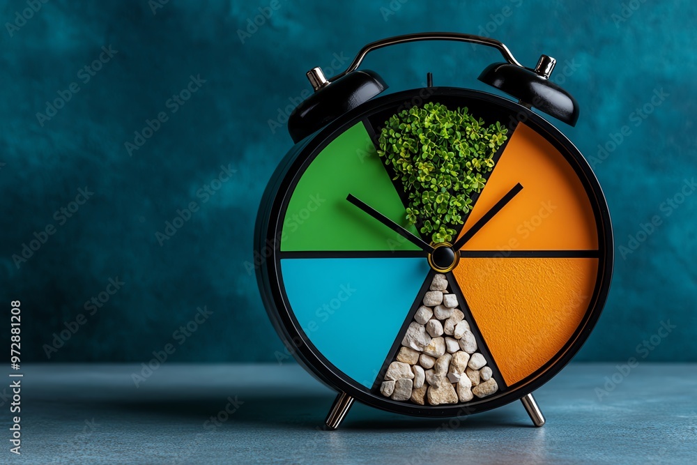 A clock with different sections representing work, leisure, and ...
