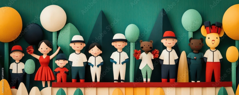 A baseball-themed parade float with players, cheerleaders, and mascots ...