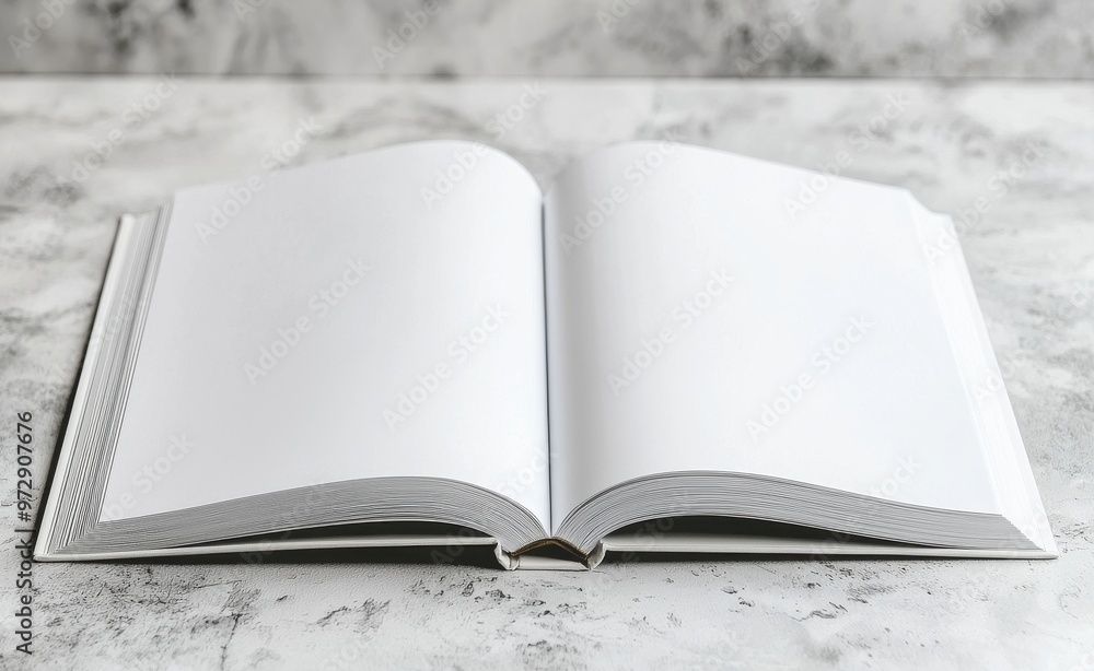 Open magazine with blank white pages on marble surface for mockup and ...