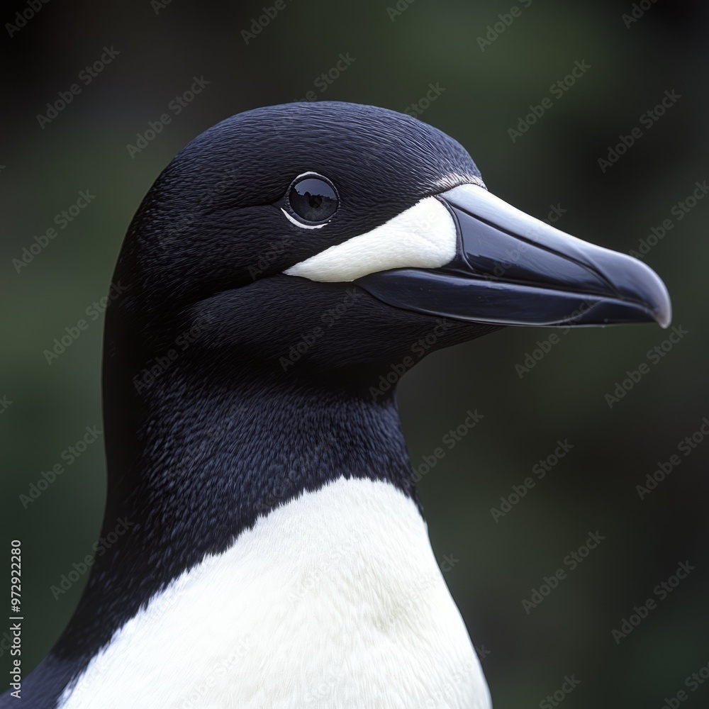 Close-up of a black and white seabird's face, great auk showing its ...