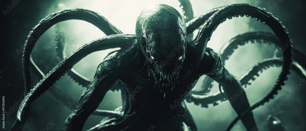 Creepy monster alien creature horror octopus tentacles ocean background ...