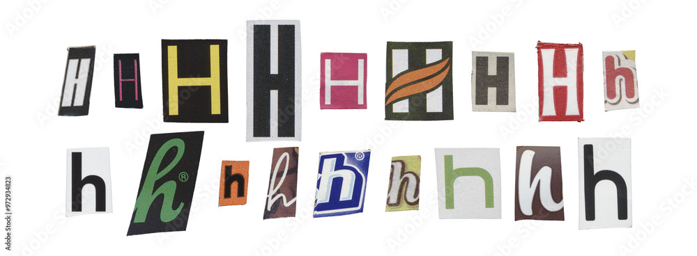 Set of isolated cut-out letter “H” from magazines on a transparent ...