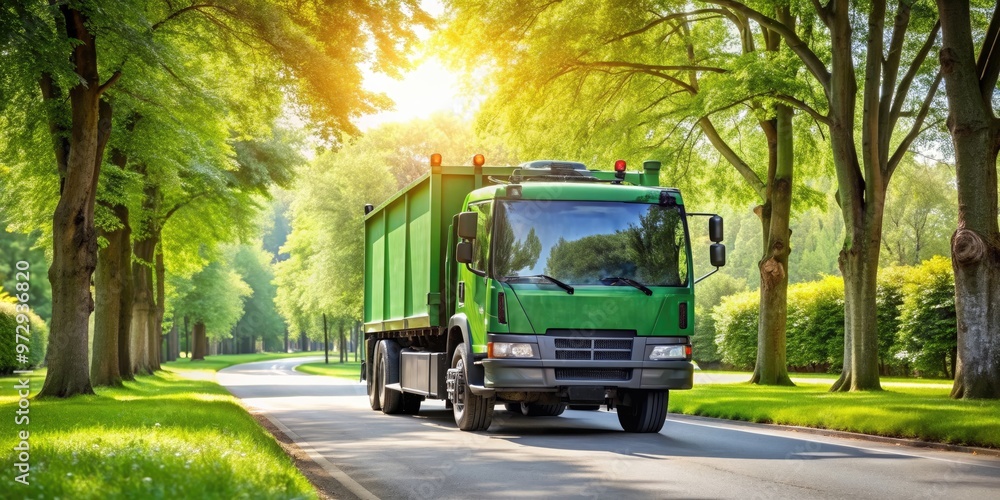 Bright waste disposal vehicle driving on a tree-lined road, trash ...