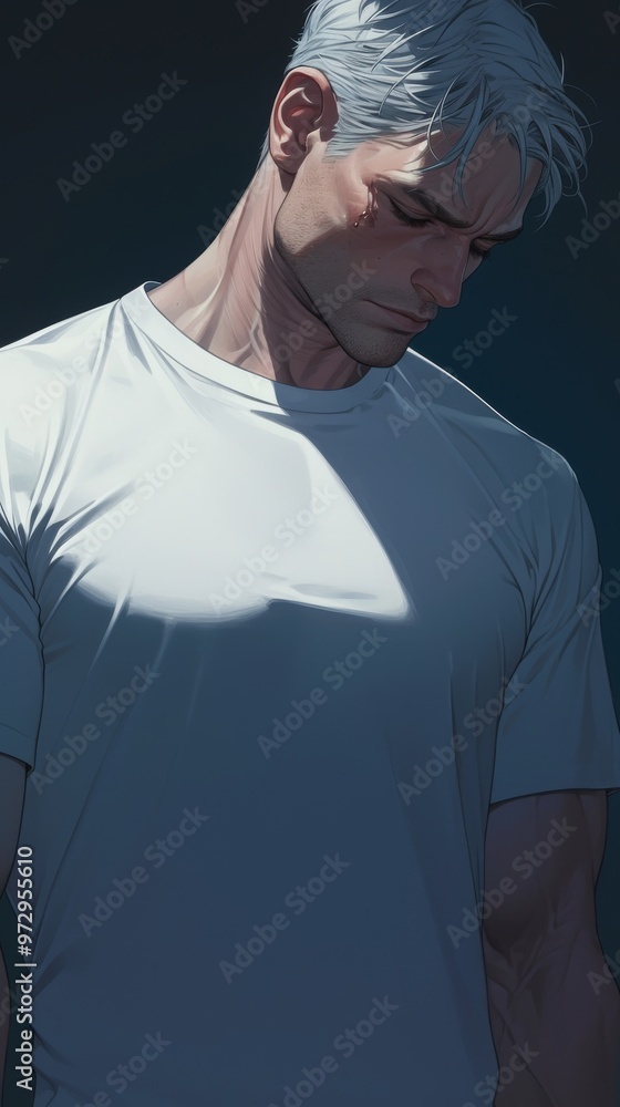 Solemn-looking man with white hair wearing a plain white T-shirt, cast ...