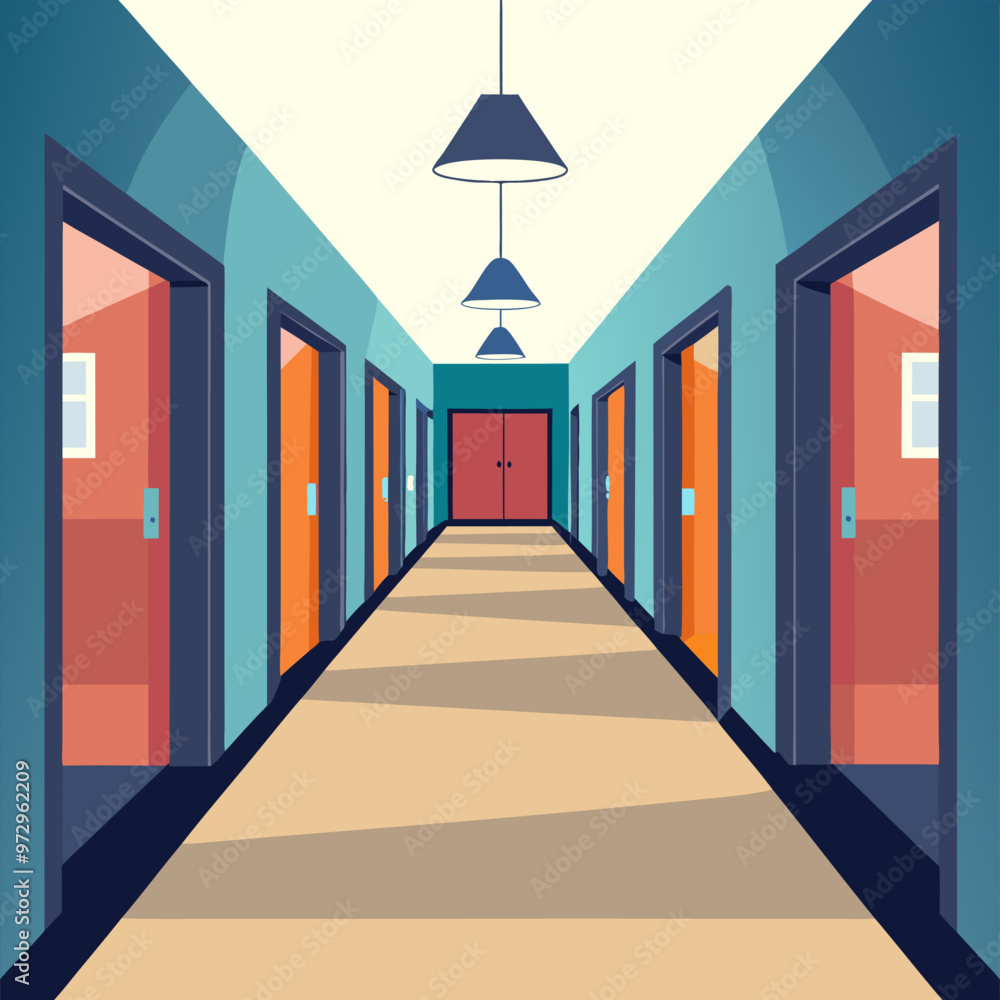 Vector de Stock Hotel corridor with closed doors. Vector cartoon ...