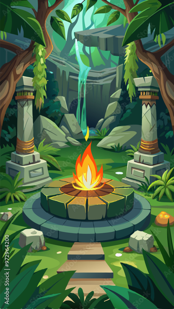 Ancient circle stone altar with fire on pillars in jungle. Vector ...