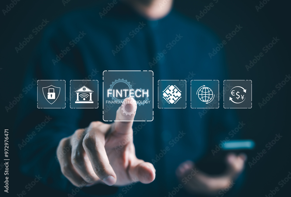 Fintech and financial technology concept. A person interacts with ...