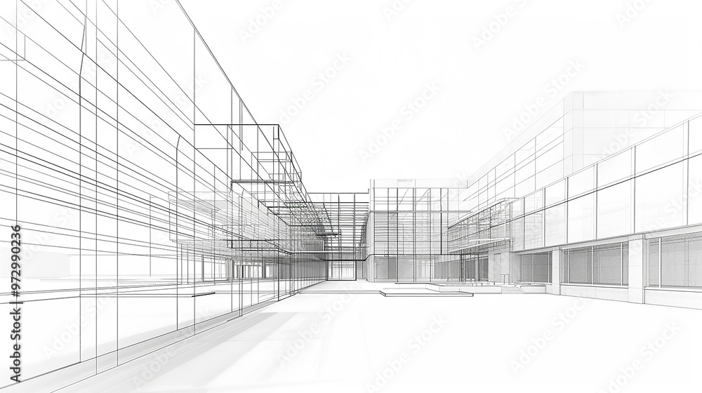 Abstract black and white architectural sketch of a grand boulevard with ...