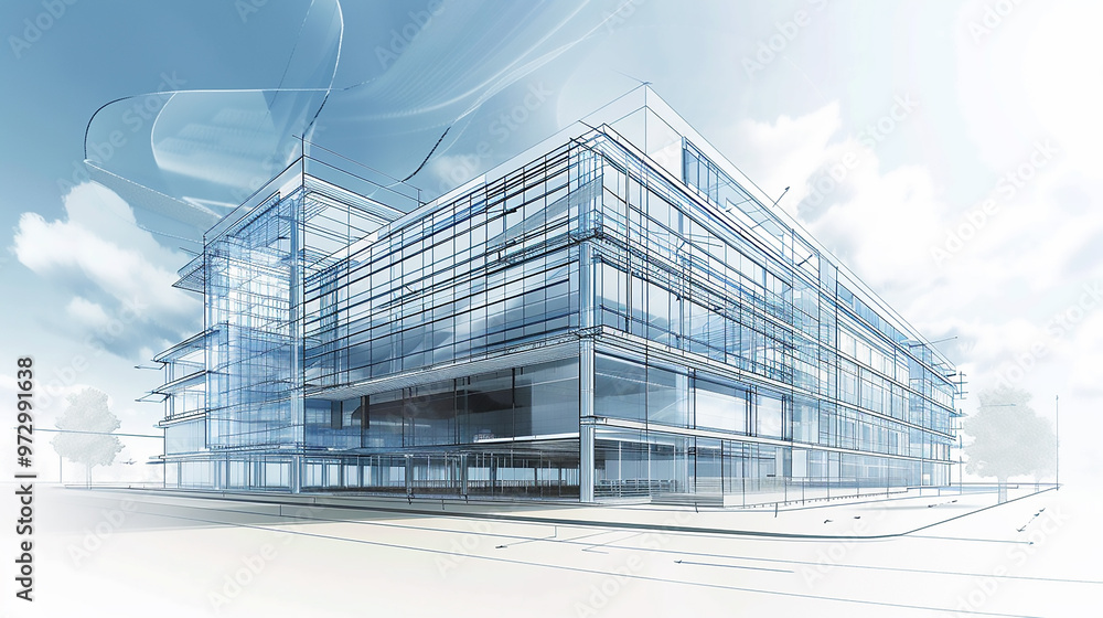 Abstract black and white architectural sketch of a modern conference ...