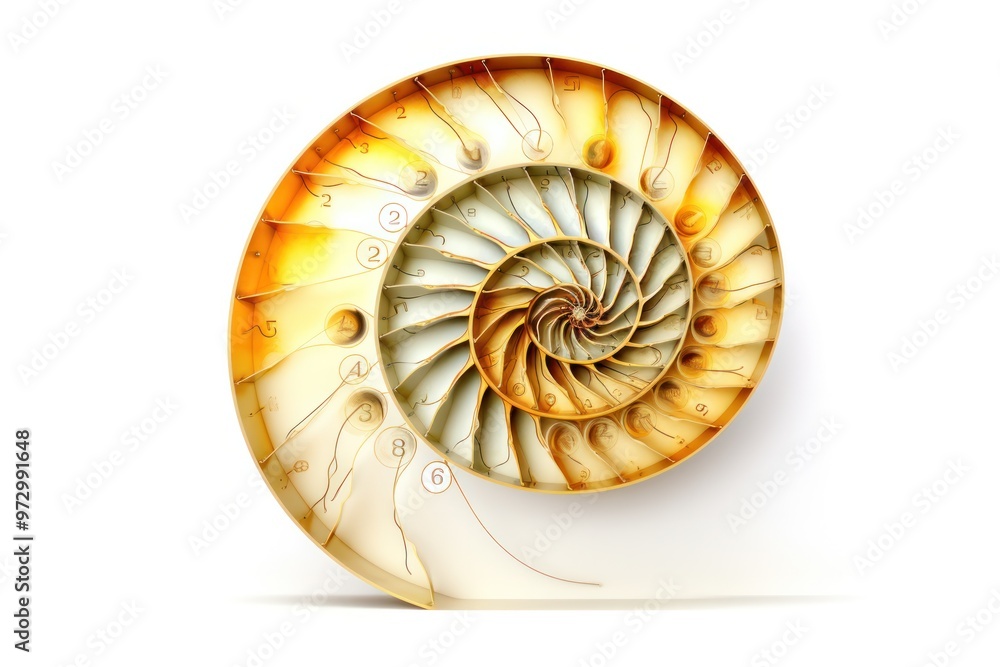 Golden ratio spiral with Fibonacci sequence numbers at each ...