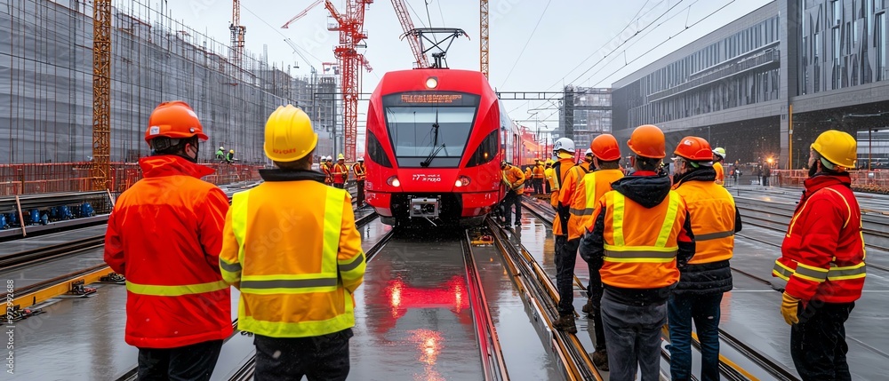 Construction workers observing a red train at a railway site ...
