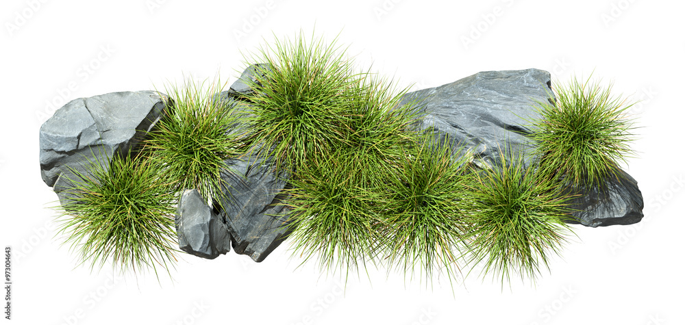 Aerial view hard rocks with grassy dense landscape on transparent ...