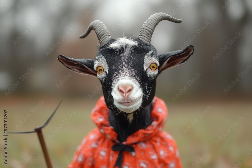 Goat in a devil costume with tiny horns and a pitchfork, devil goat ...