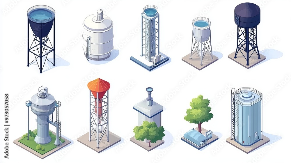 Isometric icon set of water towers and tanks representing elevated ...